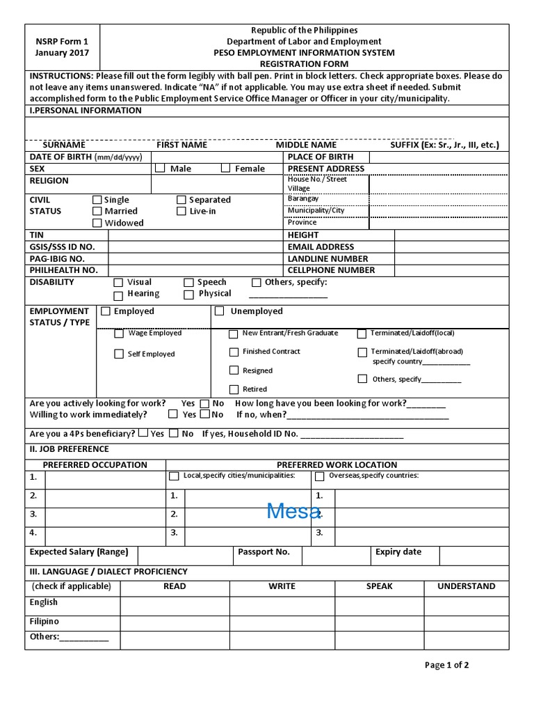 NSRP Form 1: Jobseeker Registration | PDF | Employment