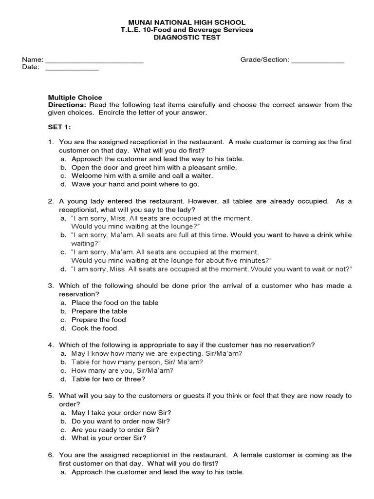 TLE 10 Food and Beverages Services Diagnostic Test | PDF | Menu ...