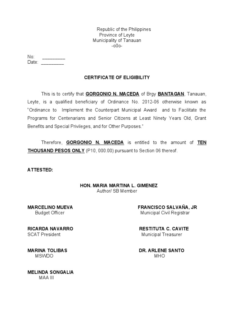 Certficate of Eligibility For Centenarian | PDF | Old Age | Ageing