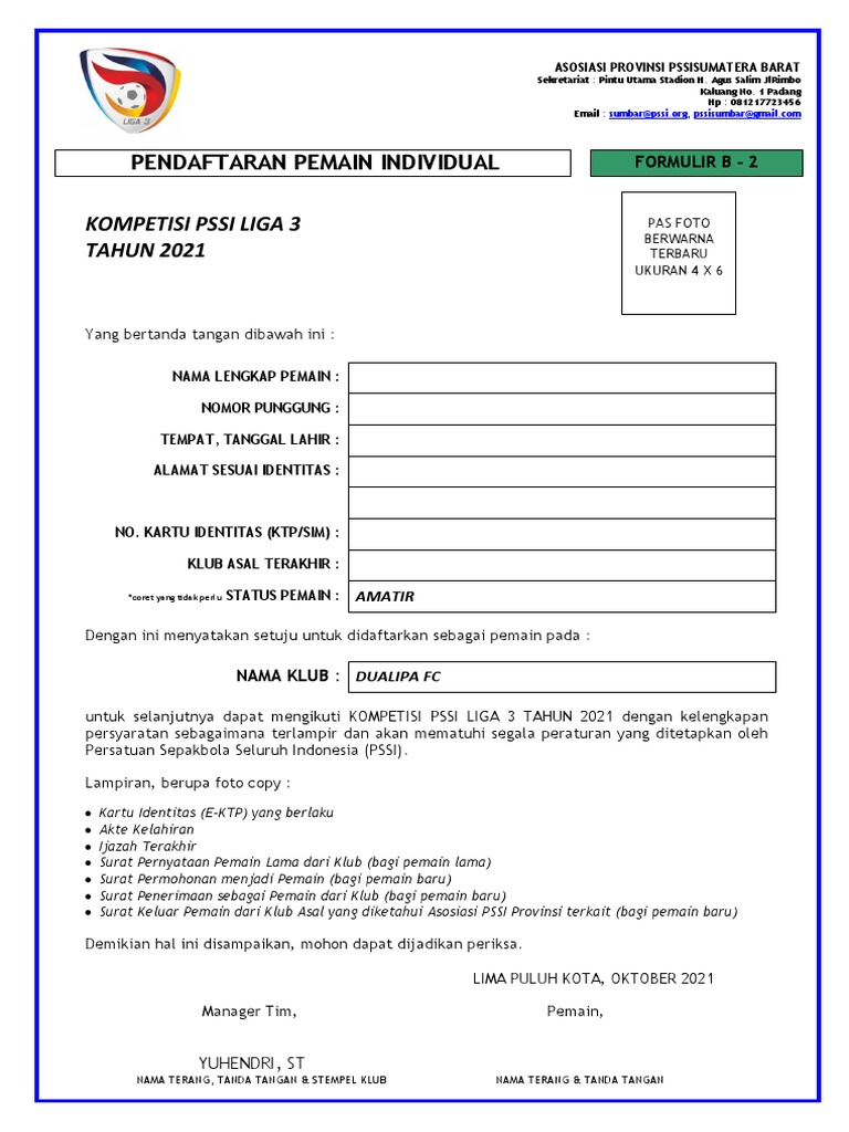 Pendaftaran Pemain Individual: Kompetisi Pssi Liga 3 TAHUN 2021 | PDF