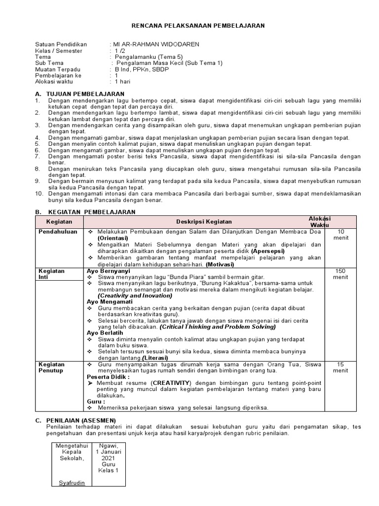 CONTOH RPP SD 2020 SEMUA KELAS Pesan Versi Lengkap Di 085955343737 | PDF