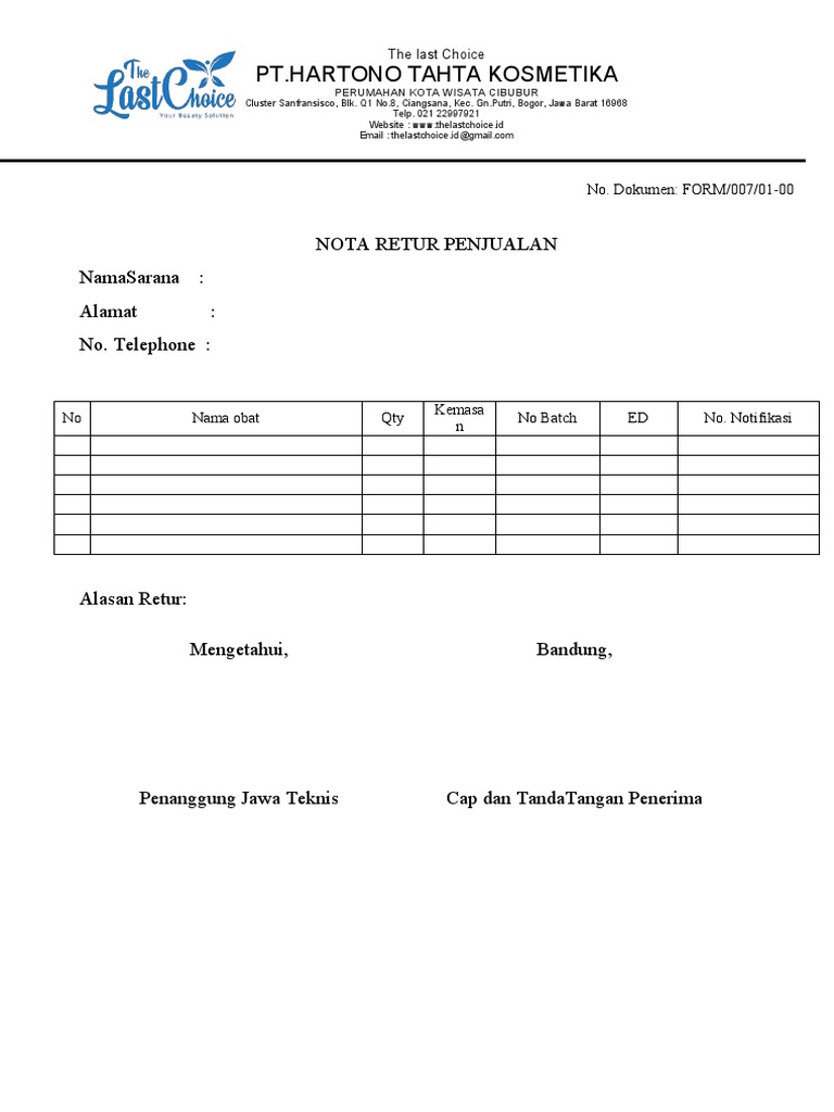 Form - 007!01!00 Nota Retur Penjualan | PDF