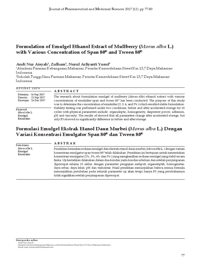 Formulation of Emulgel Ethanol Extract of Mullberry (With Various Concentration of Span 80 and ...