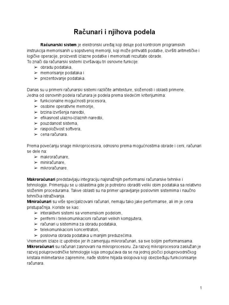 01 Računari I Njihova Podela | PDF