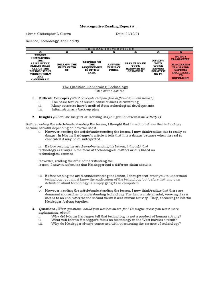 Metacognitive Reading Report Template-STS-1 (3) .Docxchrisciervo321 ...