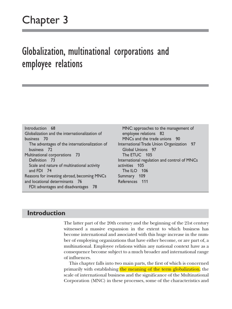 CH 3 Globalization, Multinational Corporations and Employee Relations | PDF | Multinational ...