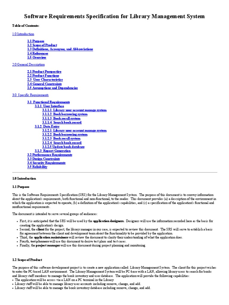 W04 Software Requirements Specification - Library Management System | PDF | Libraries | Books
