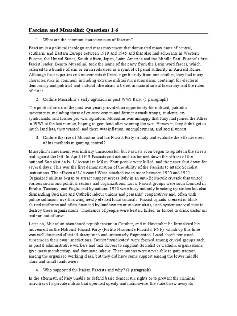 Fascism and Mussolini Worksheet | Download Free PDF | Fascism | Benito ...