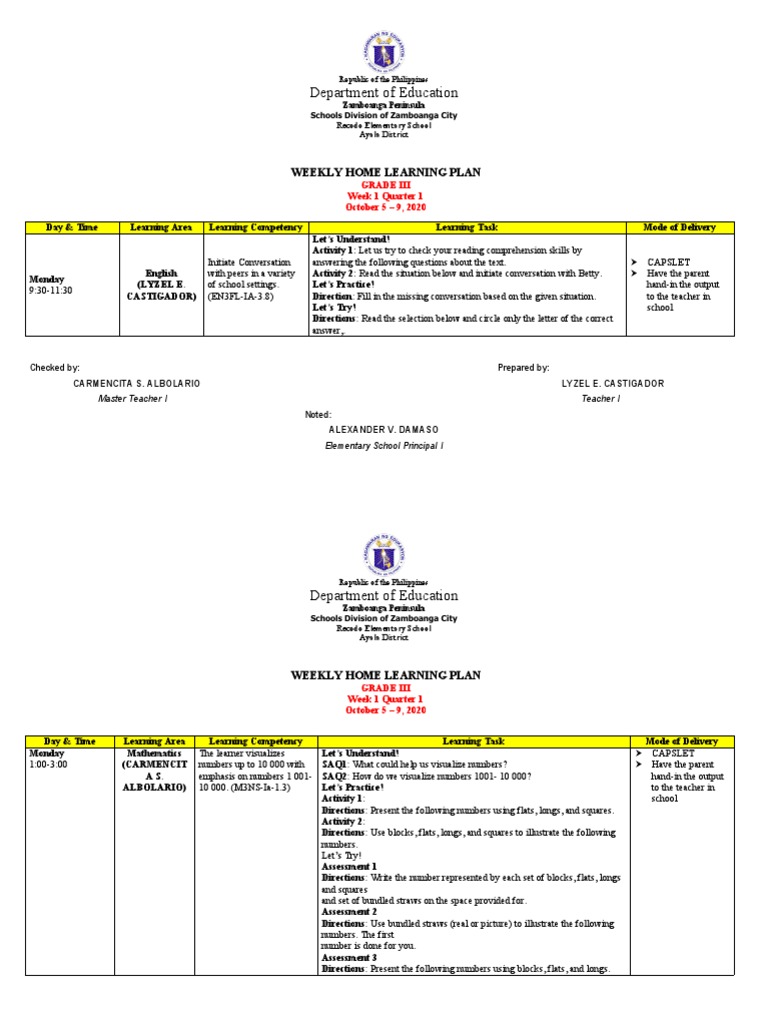 Week 1 Weekly Home Learning Plan | PDF | Teachers | Cognition