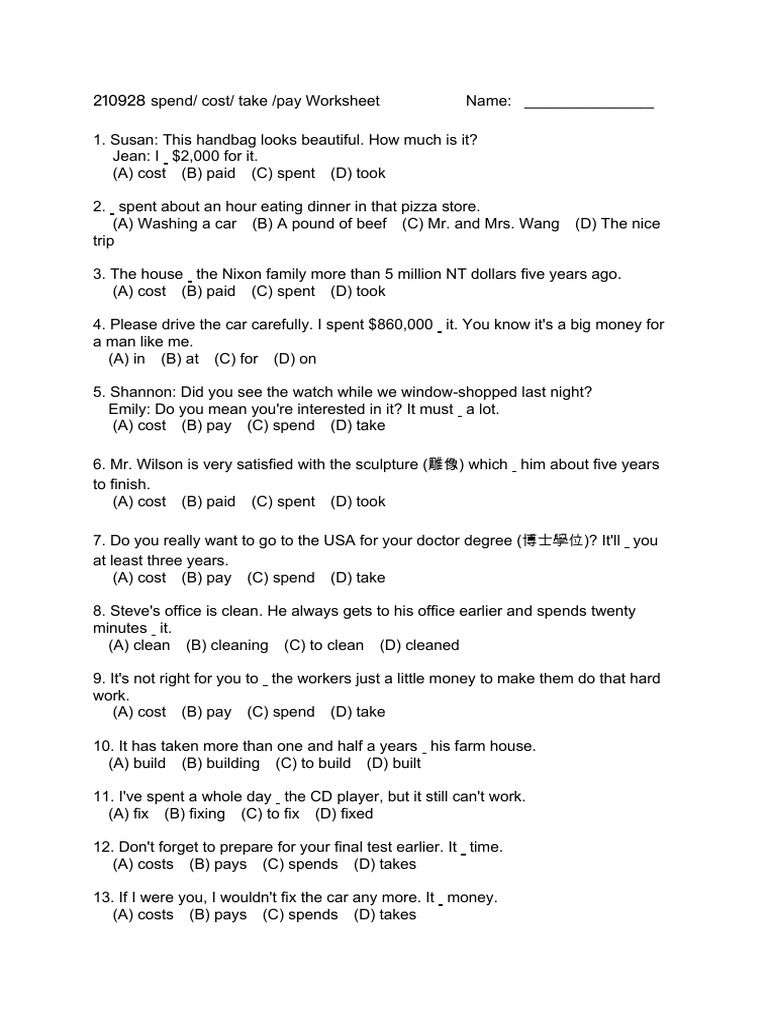 Spend, Cost, Take, Pay Worksheet | PDF | Art