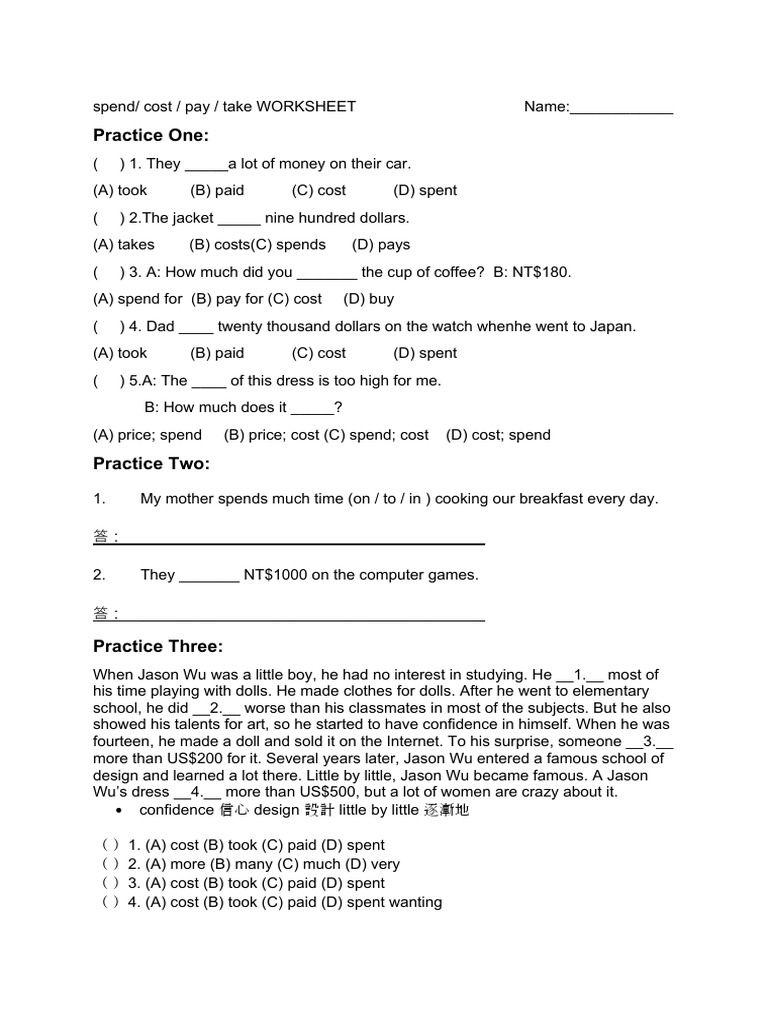 Spend, Cost, Pay Worksheet | PDF | Games & Activities | Home & Garden
