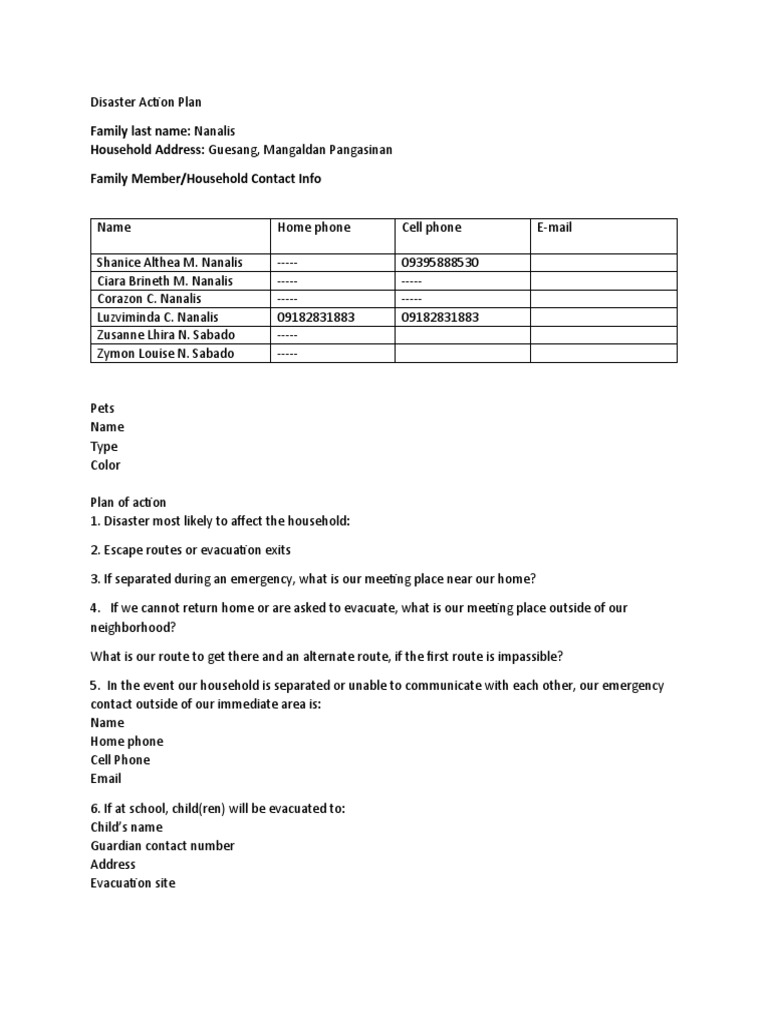 Disaster Action Plan for Nanalis Family | PDF | Emergency Evacuation