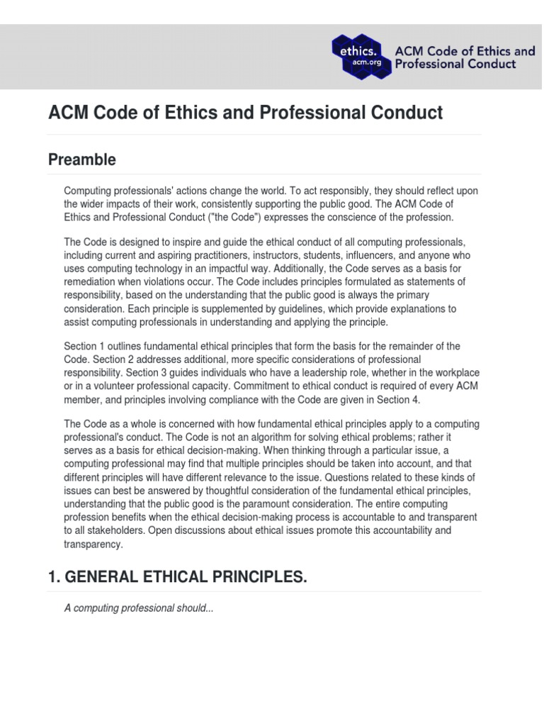 Acm Code of Ethics and Professional Conduct | PDF | Privacy ...