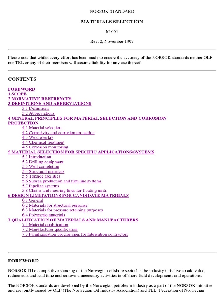 Norsok M-001 - Materials Selection Guidance | PDF | Corrosion | Stainless Steel