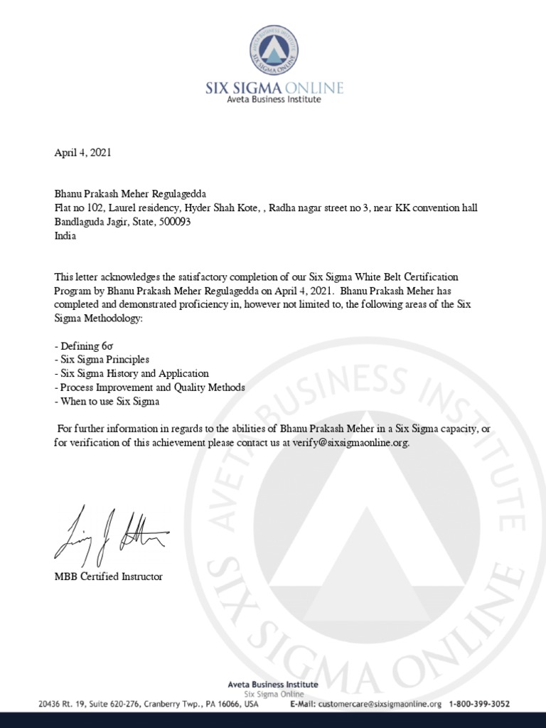 Six Sigma White Belt Certification - Letter of Acknowledgement | PDF