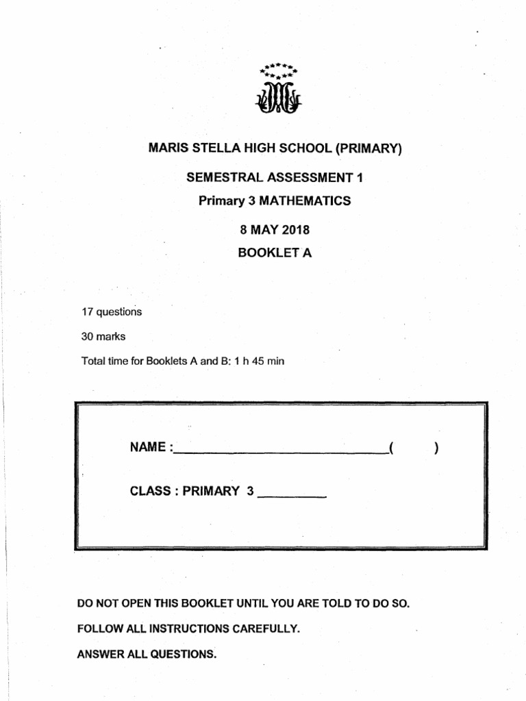 P3 Maths SA1 2018 Maris Stella Exam Papers | PDF