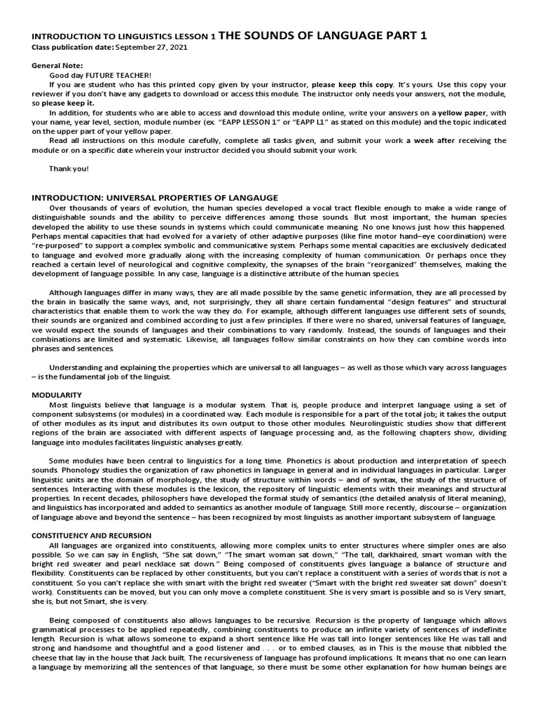 Intro 2 Ling L1 The Sounds of Language Part 1 | PDF | Phonetics | Larynx