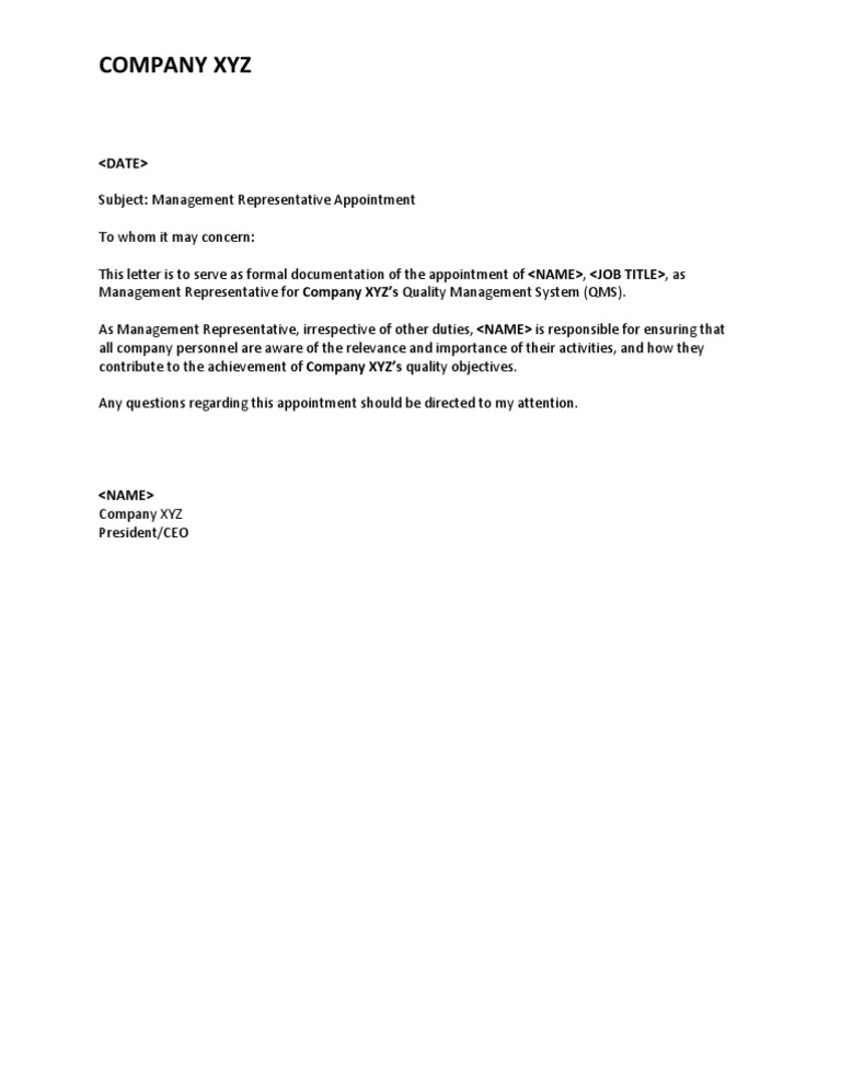 ISO 9001 Appointment Letter - Management Rep | PDF | Government | Business