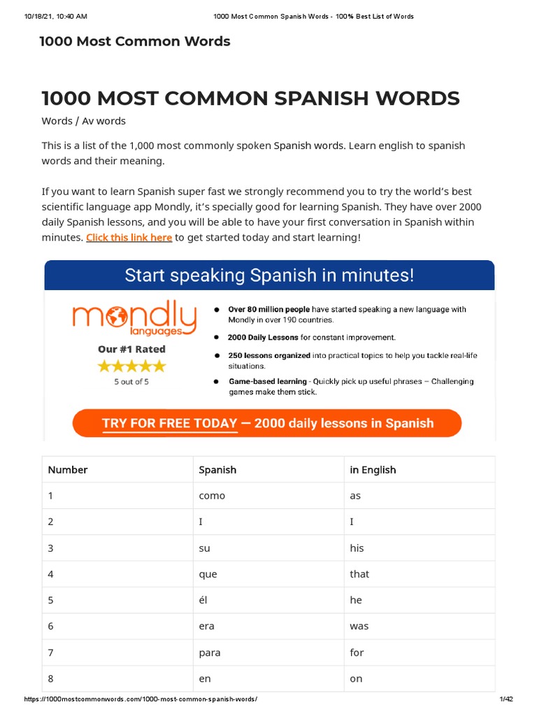 1000 Most Common Spanish Words 100 Best List Of Words Pdf