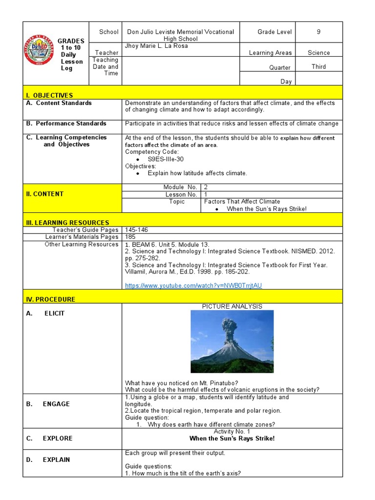 Climate Factors Lesson Plan for Grade 9 | PDF | Teachers | Equator