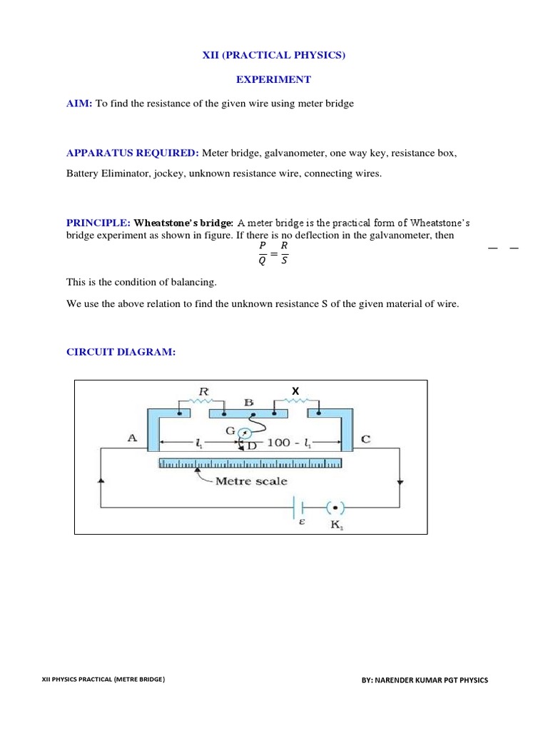 Xii (Practical Physics) Experiment Aim:: Wheatstone's Bridge: A Meter ...