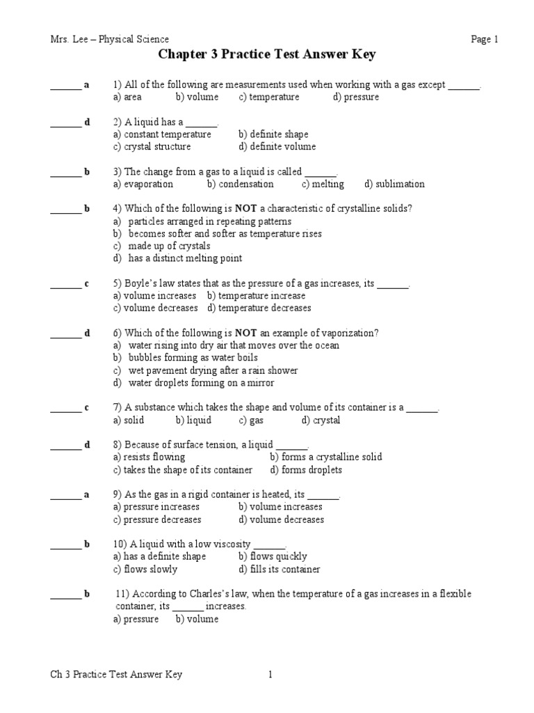 CH 3 Practice Test Answer Key | PDF | Gases | Liquids