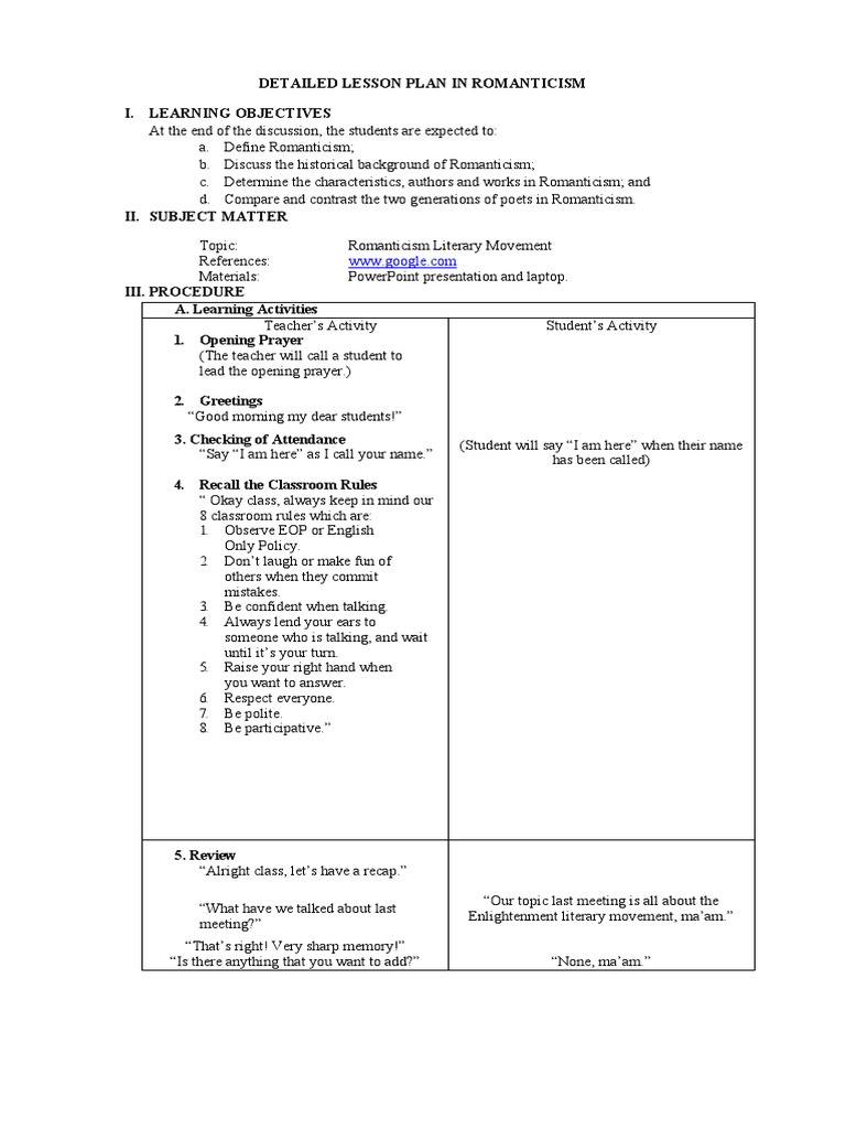 Romanticism Lesson Plan Activities | PDF | Romanticism | Cognition