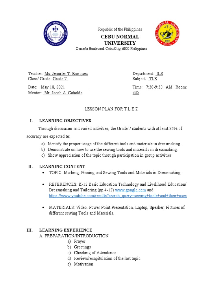 Lesson Plan Gr. 7 Dressmaking. | PDF | Sewing | Textiles
