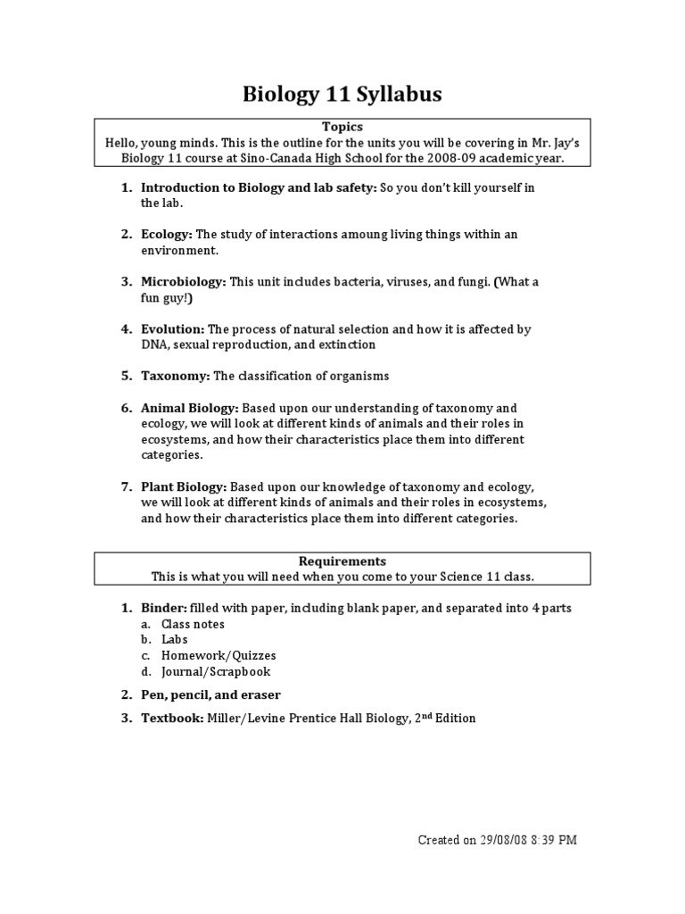 Biology 11 Course Syllabus 2008-09 | PDF | Language Arts & Discipline