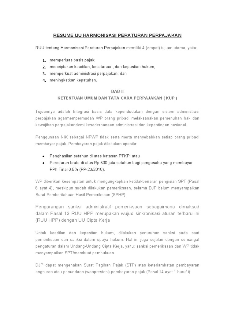 Resume Uu Harmonisasi Peraturan Perpajakan | PDF