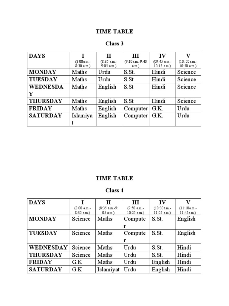 Time Table Class 3 Days I II III IV V Monday Tuesday Wednesda Y ...