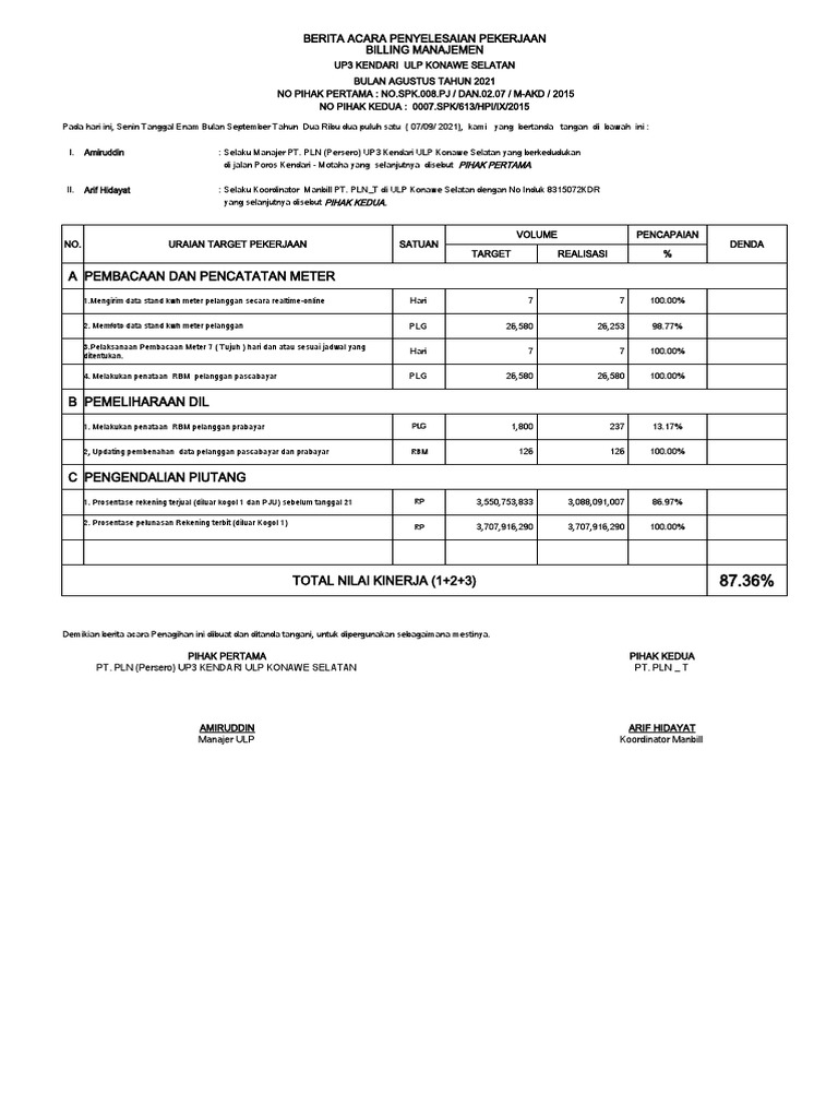 Laporan Kinerja Billing PLN Konawe Selatan | PDF
