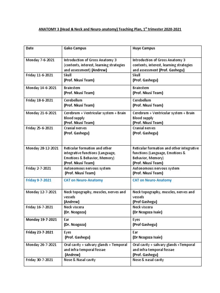 2020-2021 Anatomy 3 Teaching Plan | PDF | Brainstem | Nerve