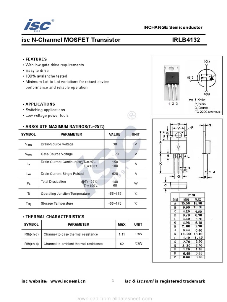Isc N-Channel MOSFET Transistor IRLB4132: INCHANGE Semiconductor | PDF | Field Effect Transistor ...