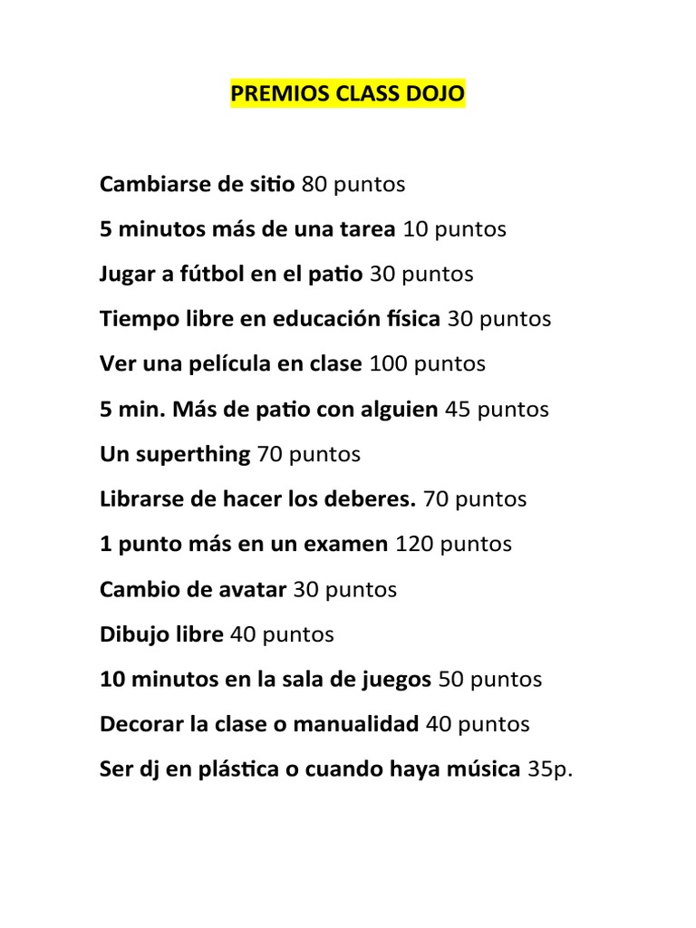Recompensas en ClassDojo: Premios y Puntos | PDF | Artes del Lenguaje y ...