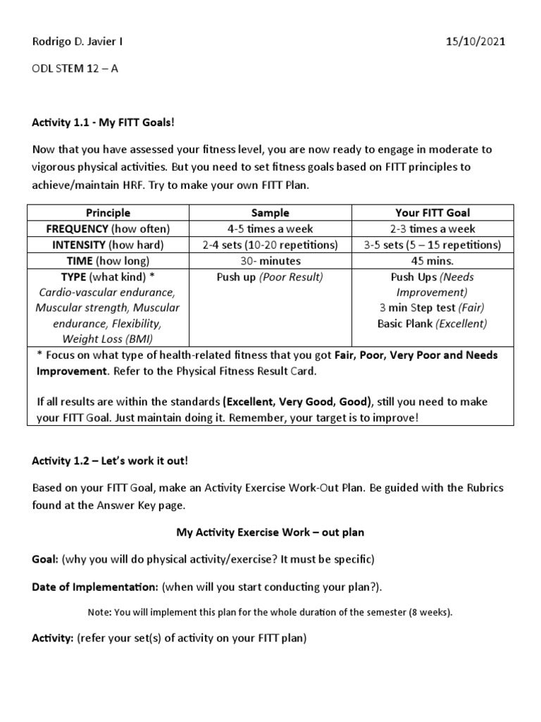 My FITT Goals and Activity Plan | PDF | Career & Growth