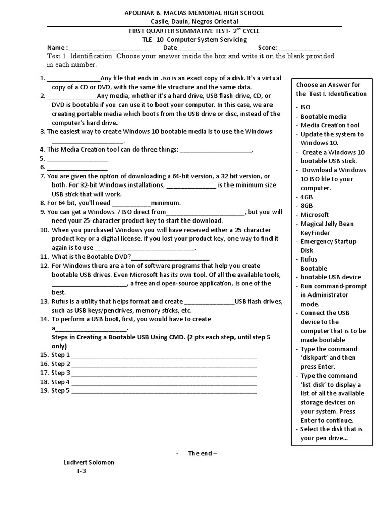 TLE-10 Summative Test First QRTR 2020 - 2ND CYCLE | PDF | Usb Flash ...