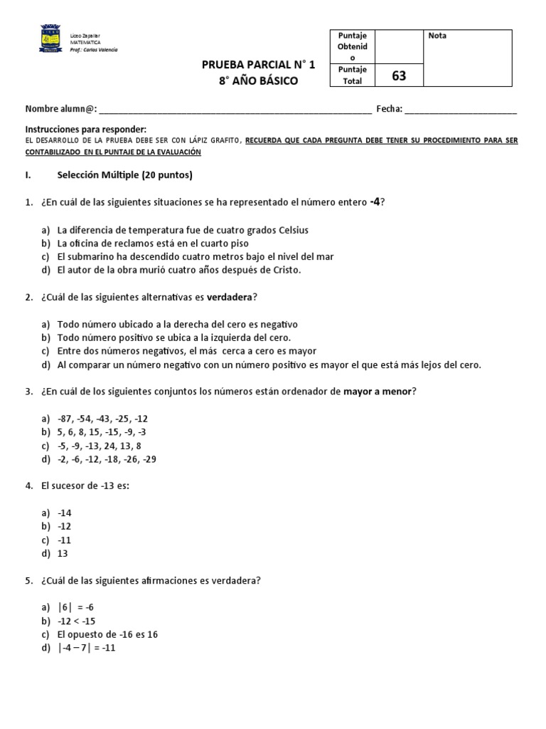 8° Prueba (Multiplicación y División de Números Enteros) | PDF ...