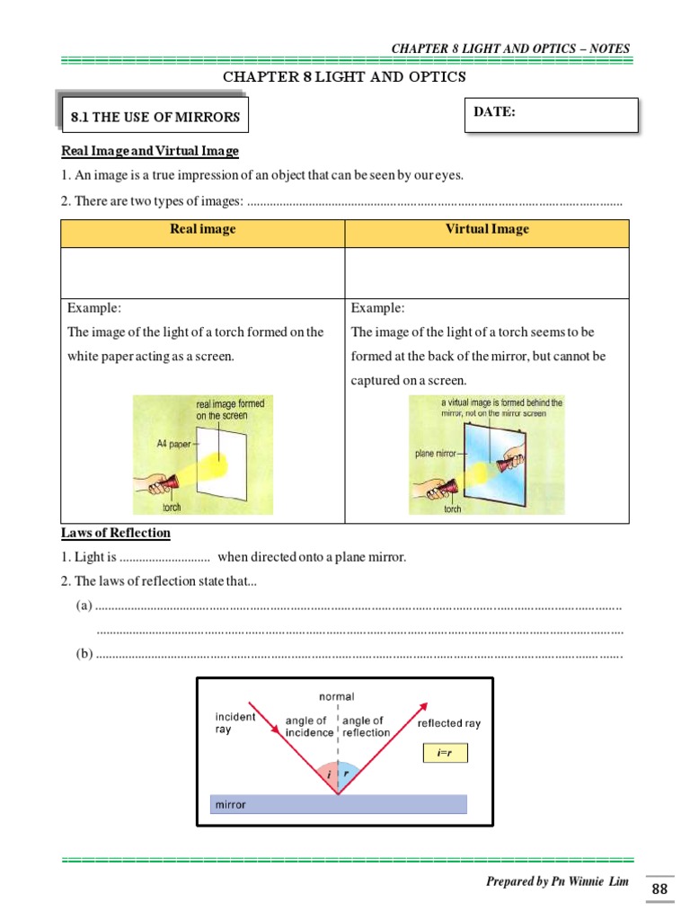 Chapter 8 Light and Optics - Notes - Student's | PDF | Color | Mirror