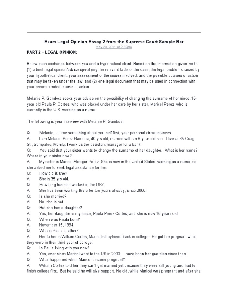 Exam Legal Opinion Essay 2 From The Supreme Court Sample Bar | Download ...