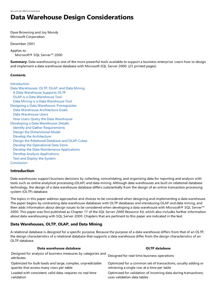 Data Warehouse Design Considerations by Dave Browning and Joy Mundy ...