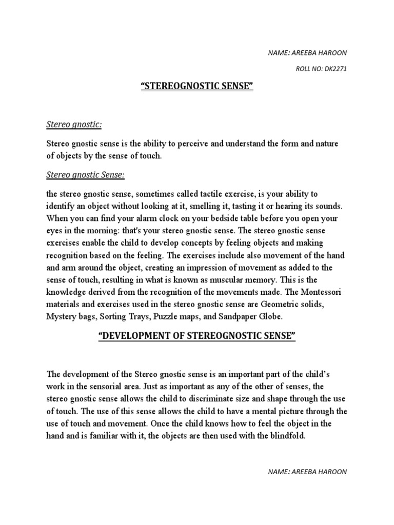 "Stereognostic Sense": Stereo Gnostic | PDF | Senses | Somatosensory System