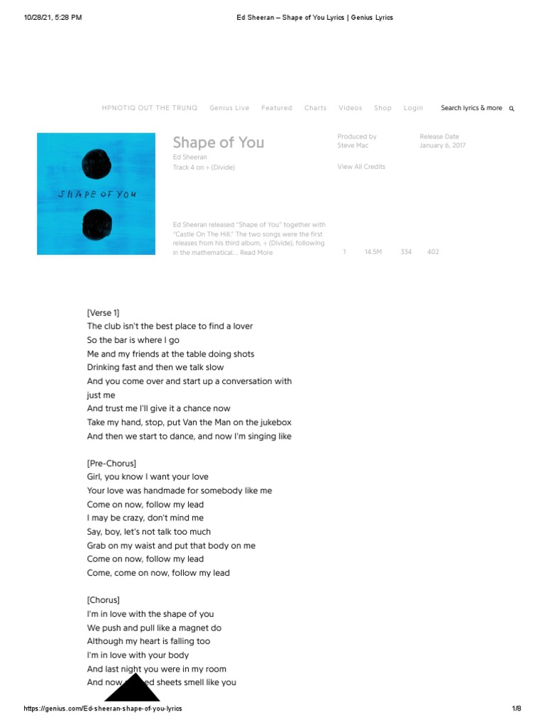 Ed Sheeran - Shape of You Lyrics | PDF | Recorded Music | Musical ...