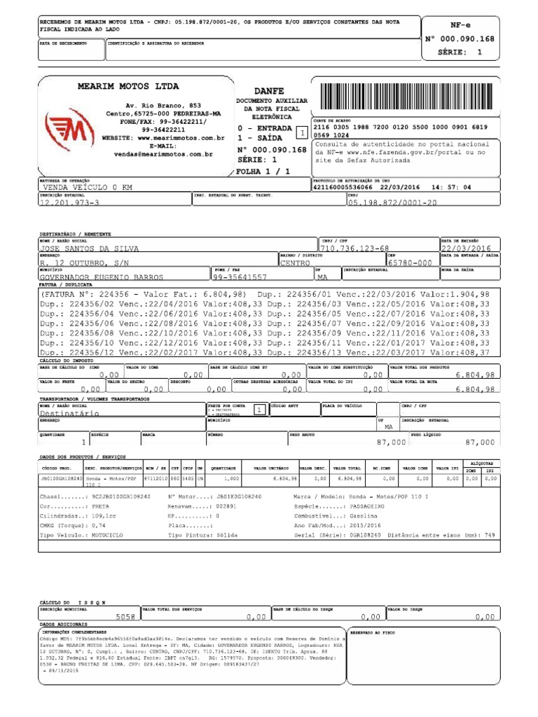 Nota Fiscal Da Moto PDF | PDF