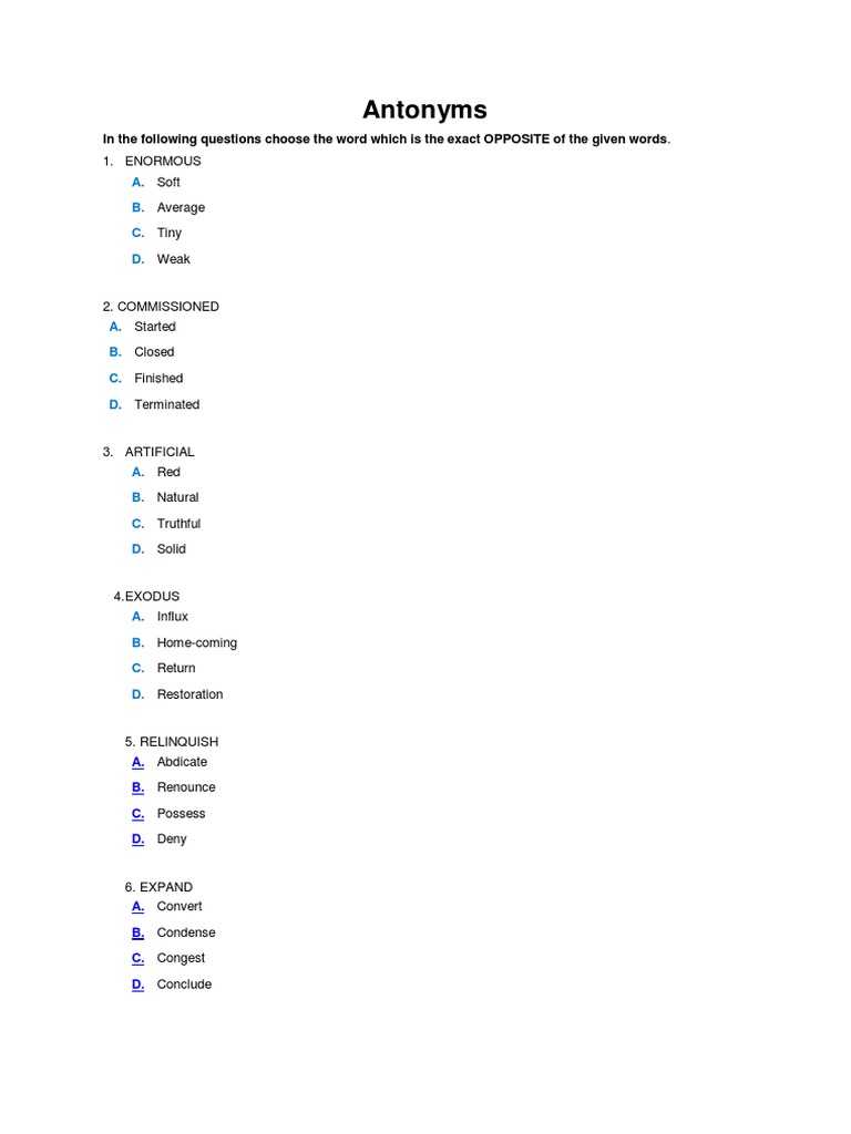 Antonyms: A. B. C. D | PDF | Semantics | Semiotics