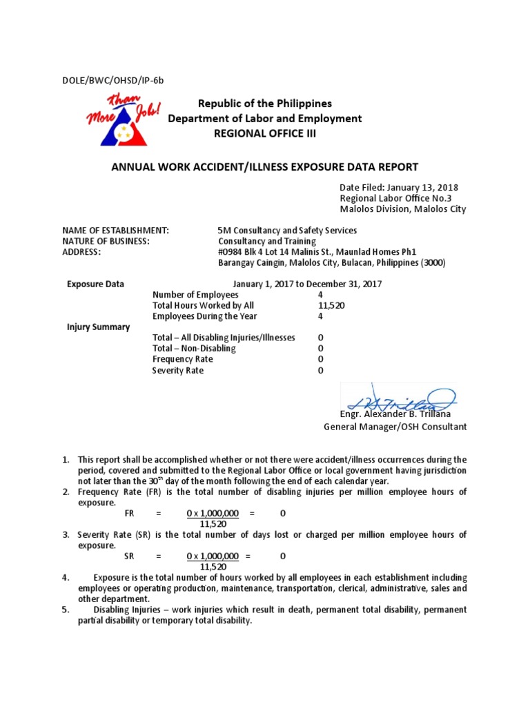 Annual Work Accident/Illness Exposure Data Report for 5M Consultancy ...