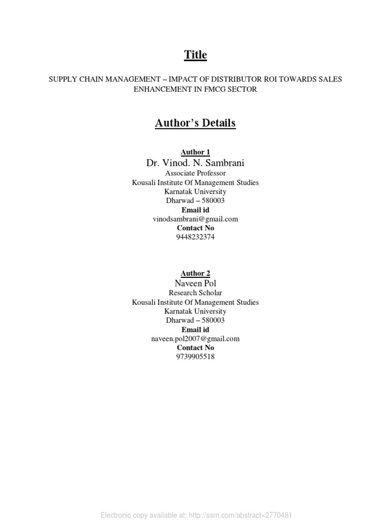 Supply Chain Management - Impact of Distributor Roi Towards Sales ...