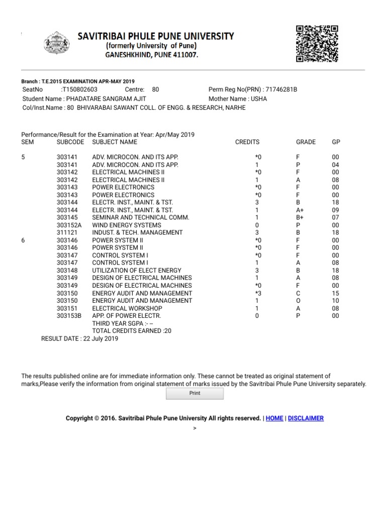Savitribai Phule Pune University, Online Result | PDF