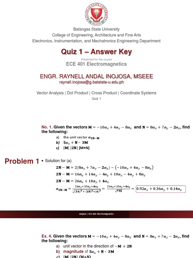 ECE 401 Quiz 1 Answer Key | PDF | Euclidean Vector | Linear Algebra