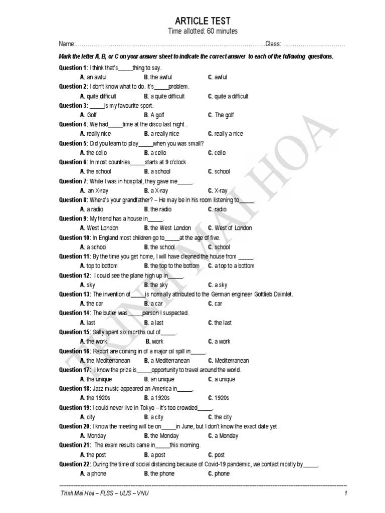 Article Test: Name: ..Class | PDF